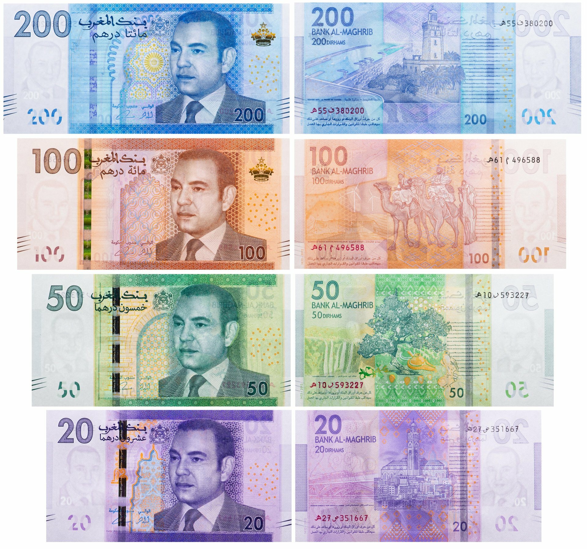 Марокко - полный набор 4 банкноты 20, 50, 100, 200 дирхам 2012 "Король Мухамед VI" Рick 74, 75, 76, 77