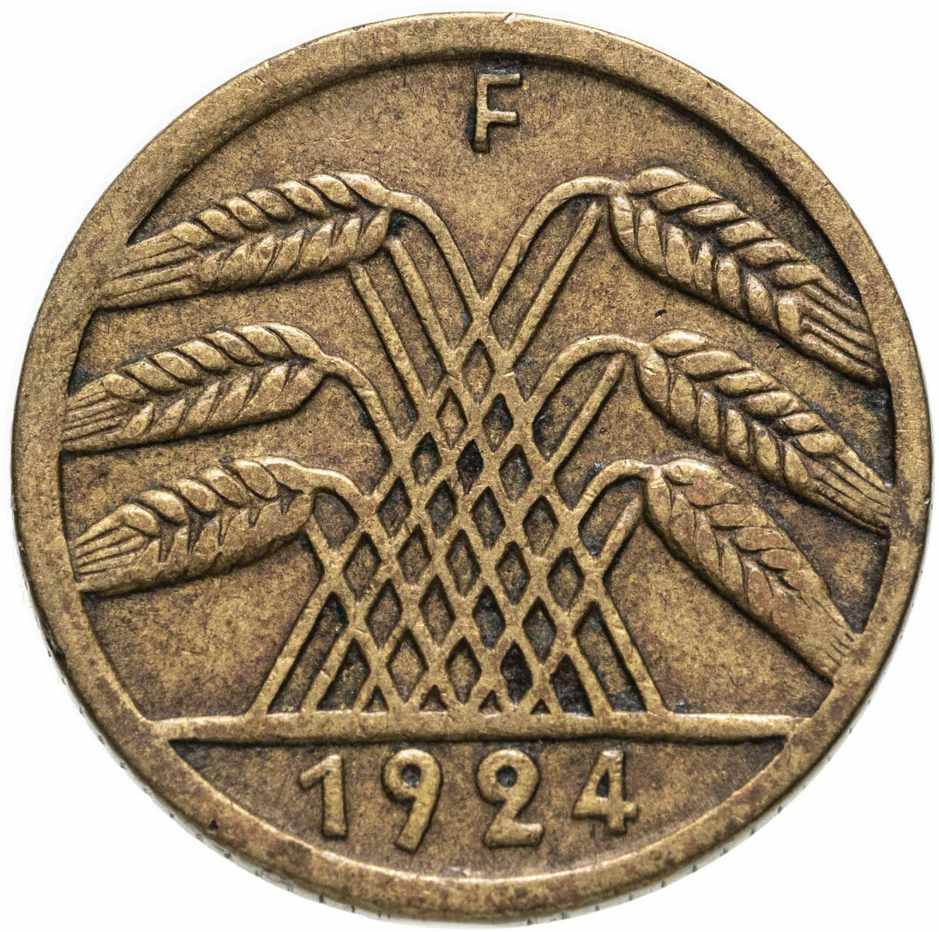 Германия 5 рентенпфеннигов 1924, знак монетного двора "F" — Штутгарт, Бронза, в сохранности VF-XF