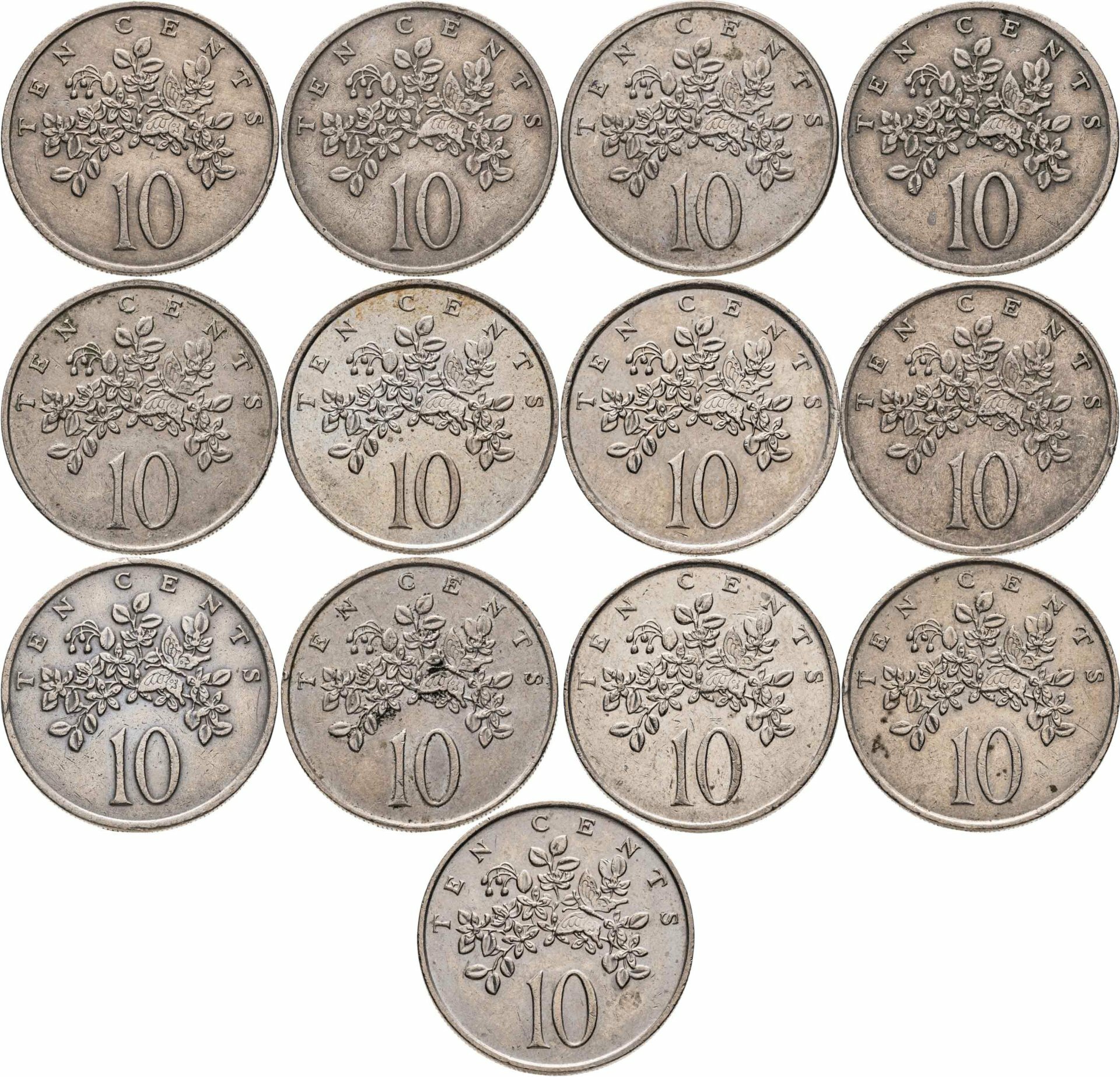 Ямайка полный набор монет 10 центов cents 1969-1989 без отметки монетного двора 13 шт , Мельхиор медь-никель, в сохранности VF-XF