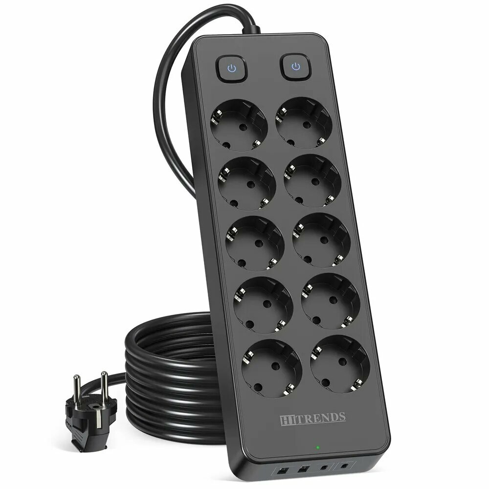 HITRENDS Сетевой фильтр с 4 евророзетками, 4 USB-портами и 2 Type-C. Выключатель-челка, кабель 2м, черный.