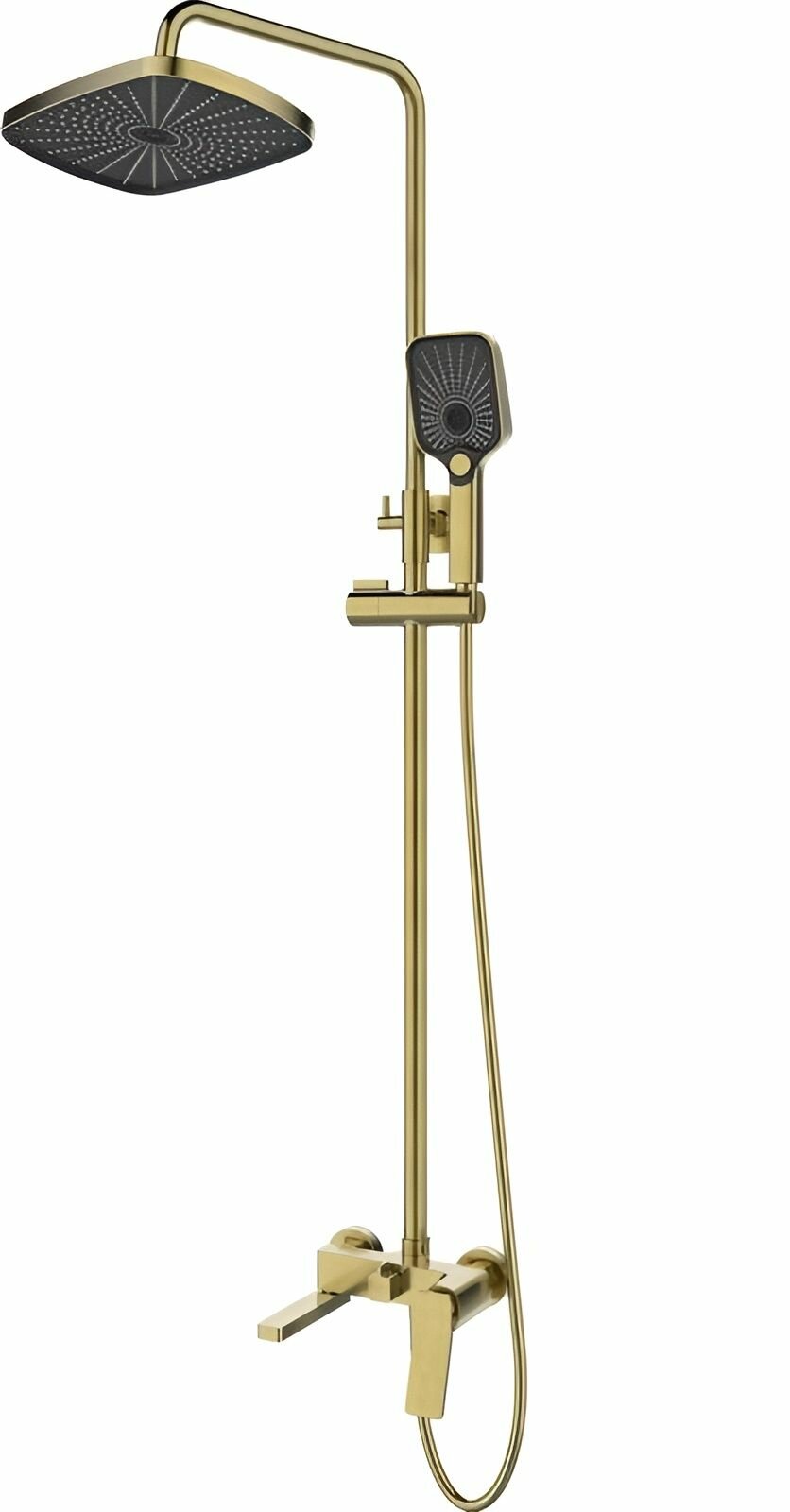Душевая система, стойка Esbano Gemini DS-SG брашированное золото матовое, телескопическая с тропическим душем и смесителем, прямоугольная, с поворотным изливом, ручной душ три режима со шлангом