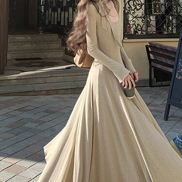 Горячая распродажа【】Балетный стиль, художественное платье с большим подолом, квадратным вырезом, вязаным поясом, длинными рукавами, вязаная ткань