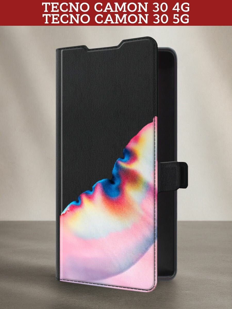 Чехол-книжка на Tecno Camon 30 4G/Tecno Camon 30 5G / Текно Камон 30 4G/Камон 30 5G с принтом Розовая акварель, черный