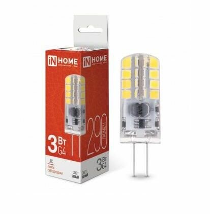 Лампа светодиодная IN HOME LED-JC 3 Вт, капсульная, прозрачная, 4000К, нейтральный белый, G4, 290 Лм, 12В