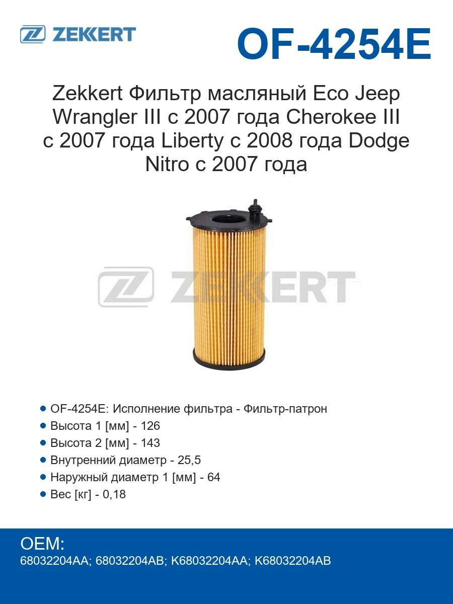 Zekkert Фильтр масляный Eco Jeep Wrangler III с 2007 года Cherokee III с 2007 года Liberty с 2008 года Dodge Nitro с 2007 года