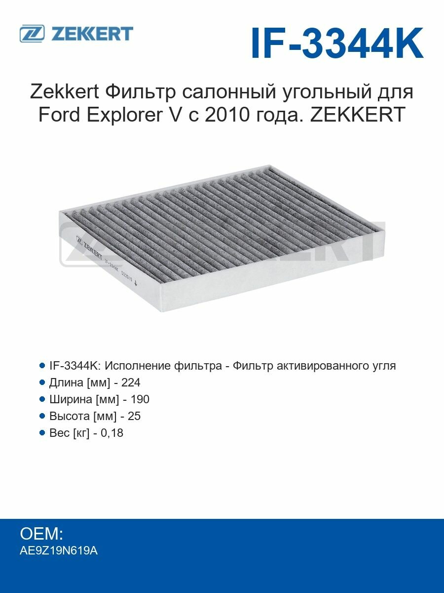 Zekkert Фильтр салонный угольный для Ford Explorer V с 2010 года. ZEKKERT