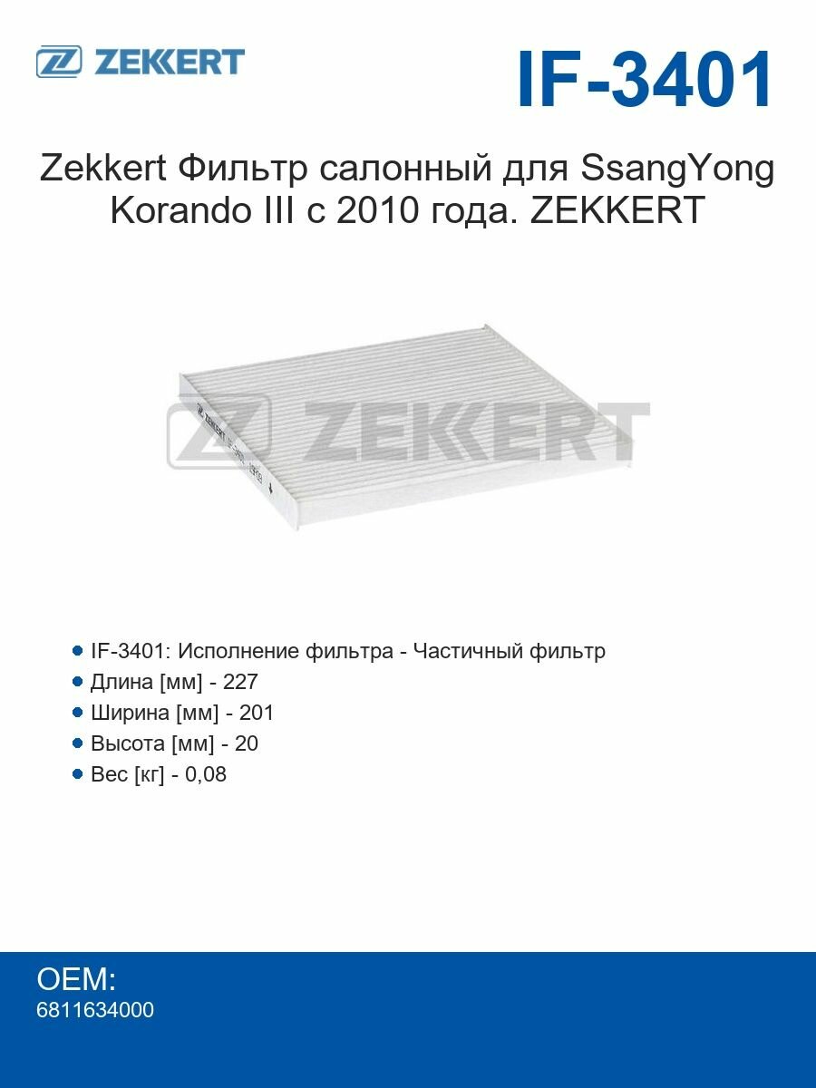 Zekkert Фильтр салонный для SsangYong Korando III с 2010 года. ZEKKERT