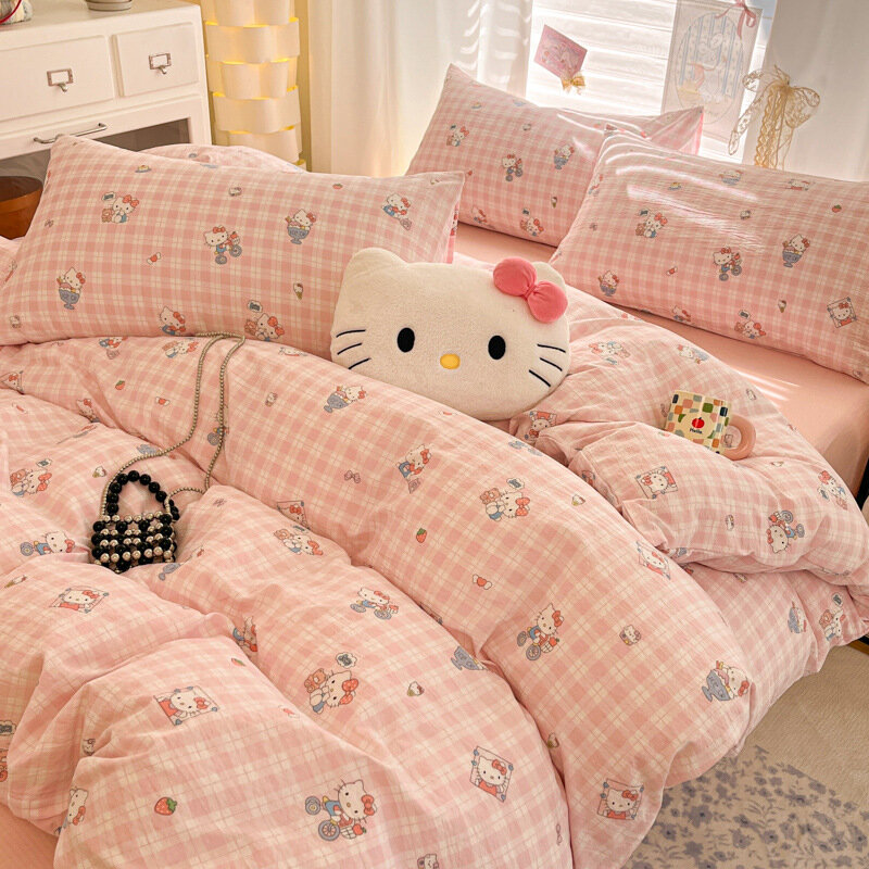 Набор из четырех предметов A-Class Genuine Sanrio из стираного хлопка с двойным слоем пряжи, мультяшный кот KT, набор из трех предметов для общежития из чистого хлопка