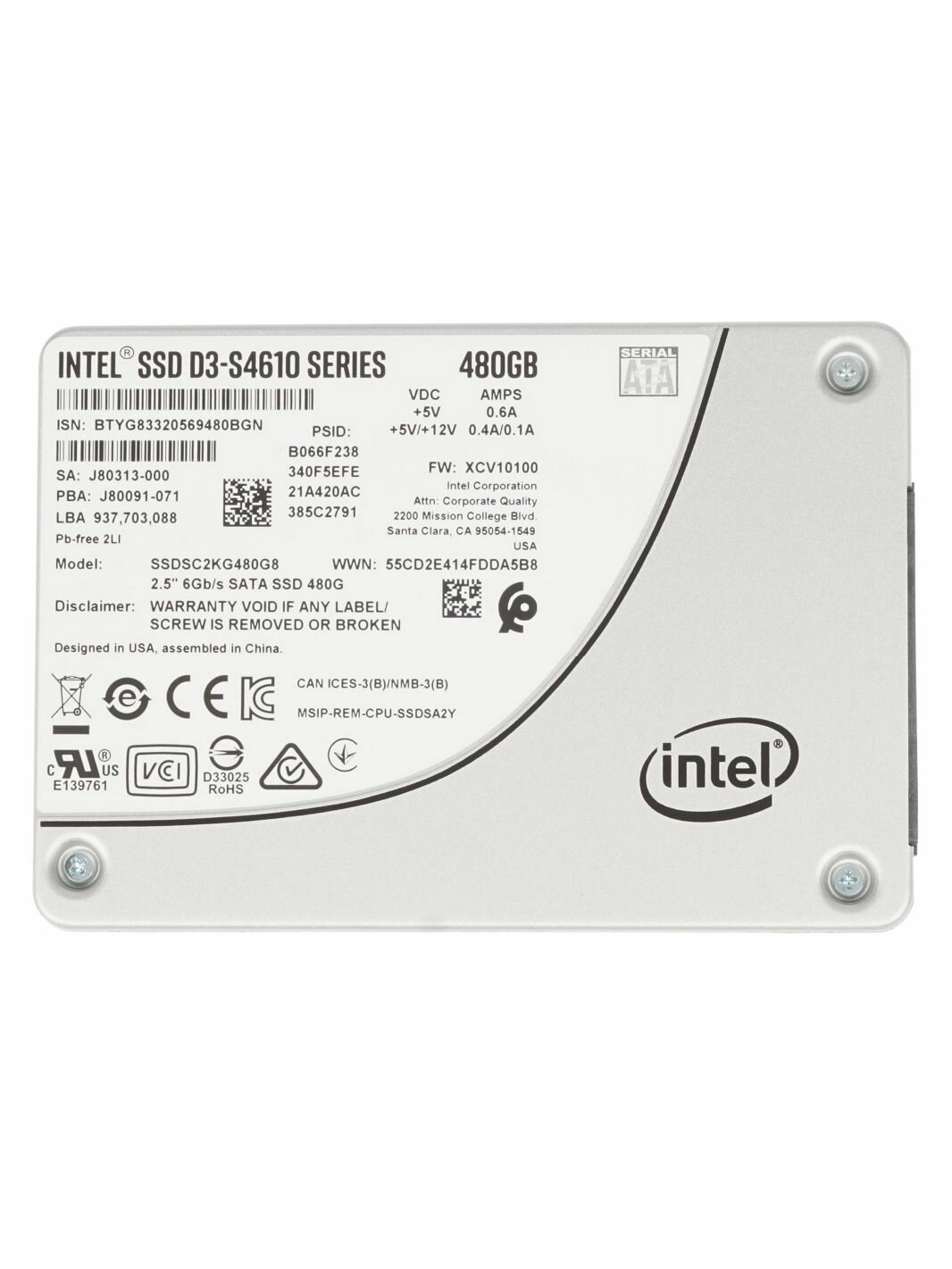 480 ГБ Серверный SSD Intel D3-S4610 Series SSDSC2KG480G801