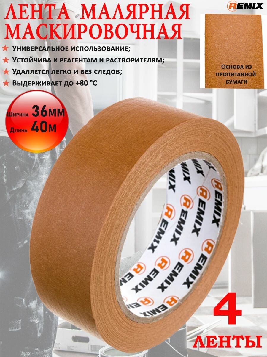 Лента малярная REMIX, 36ммх40м, коричневая, до +80, 4 шт.