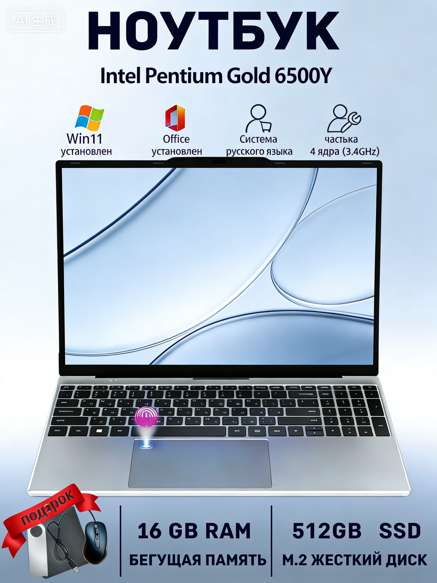 Ноутбук мощный для работы и учебы 15,6" IPS 16 ГБ 512 ГБ 1920x1080 IPS Intel Pentium Gold 6500Y, Windows 11