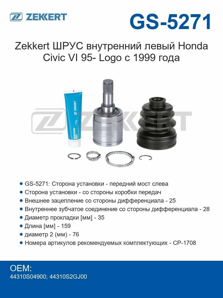 Zekkert ШРУС внутренний левый Honda Civic VI 95- Logo с 1999 года
