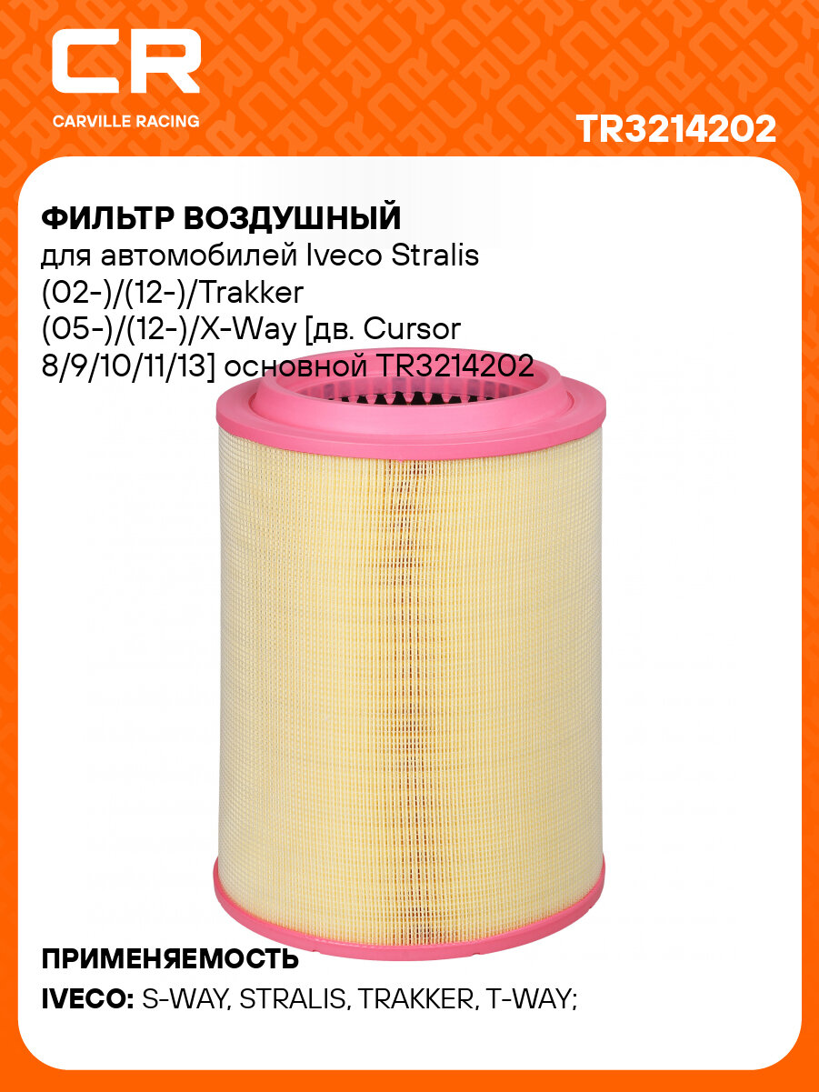 Фильтр воздушный для автомобилей Iveco Stralis (02-)/(12-)/Trakker (05-)/(12-)/X-Way [дв. Cursor 8/9/10/11/13] основной TR3214202 Carville Racing