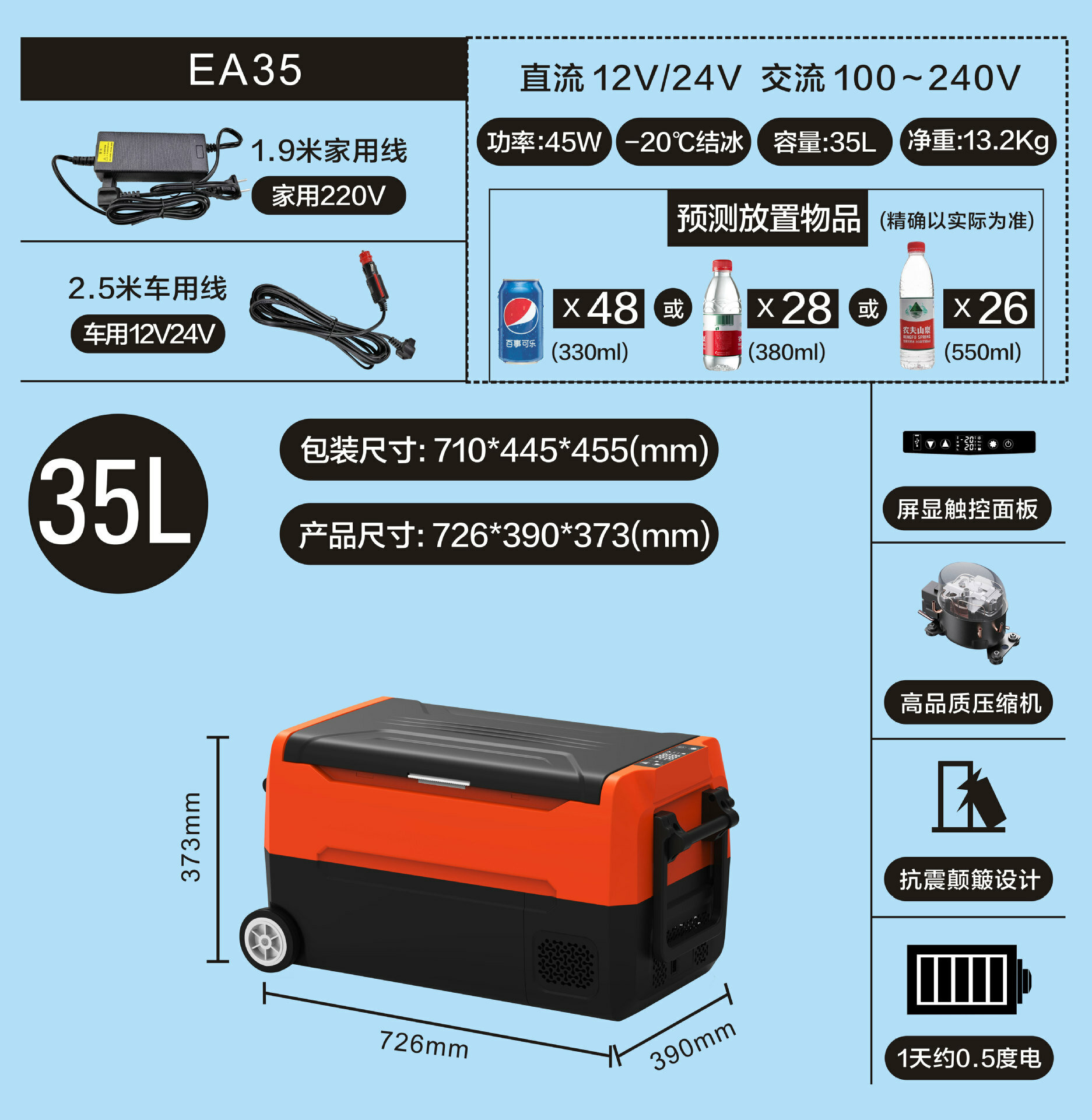 2025 Компрессорный мини-холодильник для автомобиля 35-55L ≤35 децибел, двойного использования 12v24v, большой объем для использования в автомобиле