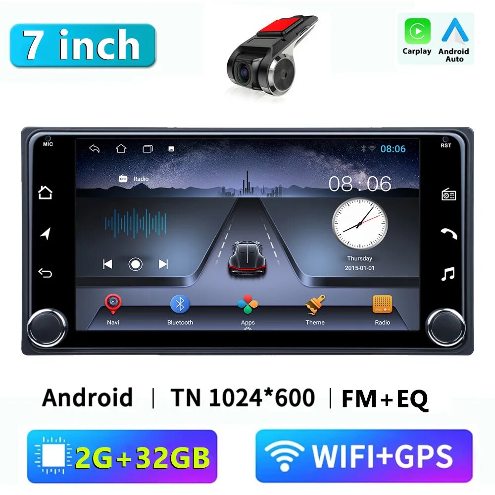 Магнитола автомобильная, Android 13, 2 DIN, 7 дюймов, беспроводная, Carplay, Android, для Toyota, GPS, мультимедийный плеер, 2din, BT, Wi-Fi, DSP 7 2-32cp DVR