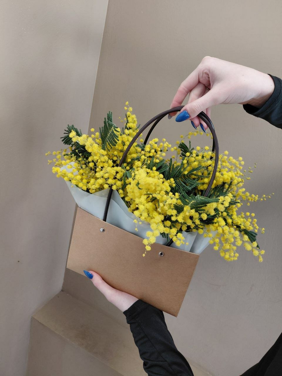 Цветущая, ароматная , весенняя мимоза в сумочке крафт