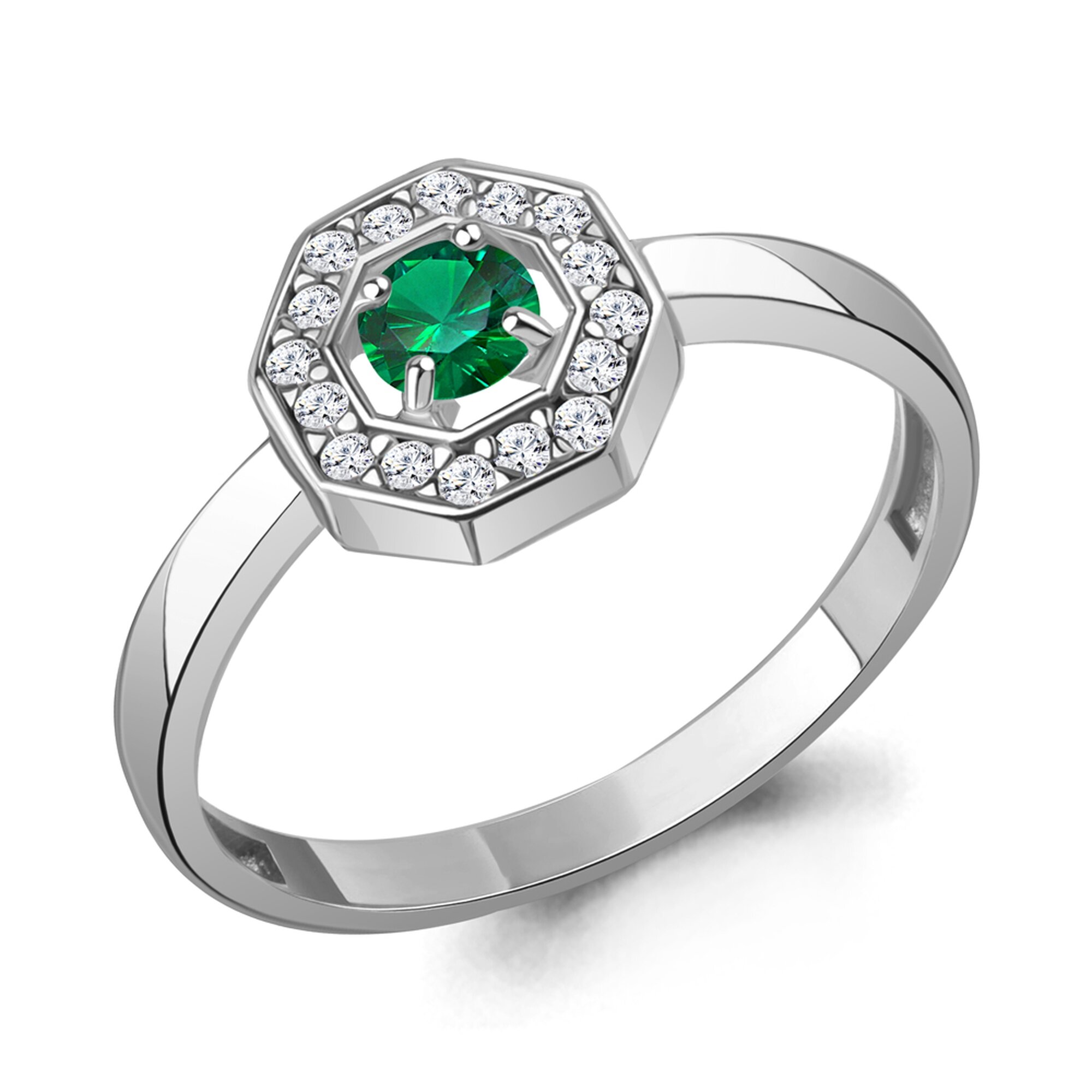 Кольцо, серебро, 925 проба, родирование, фианит, изумруд синтетический