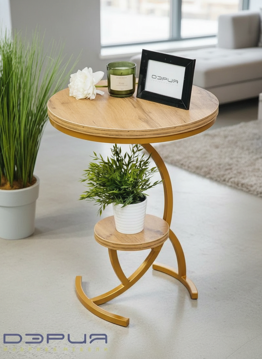Чайный столик круглый для гостиной, в офис, прихожую, спальню, в гостиницу, с железной ножкой, интерьерный стильный