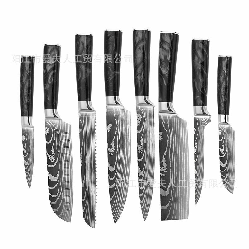 Дамасский поварской нож с лазерной гравировкой, нож сантоку, из нержавеющей стали, для трансграничной торговли на Amazon и AliExpress, с черной рукояткой из смолы.