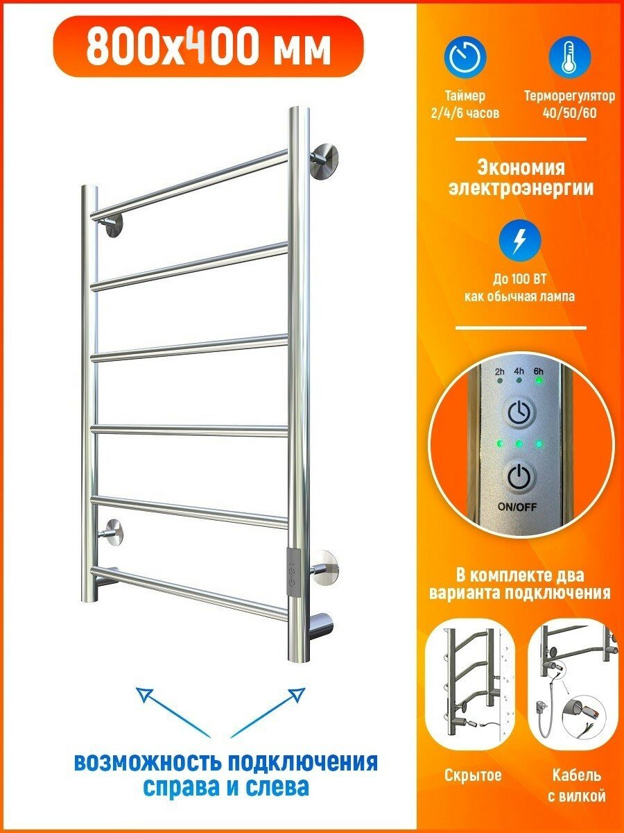 Полотенцесушитель Тругор ПЭК1 Аспект, электрический, скрытое подключение, полированный, 80x40 см