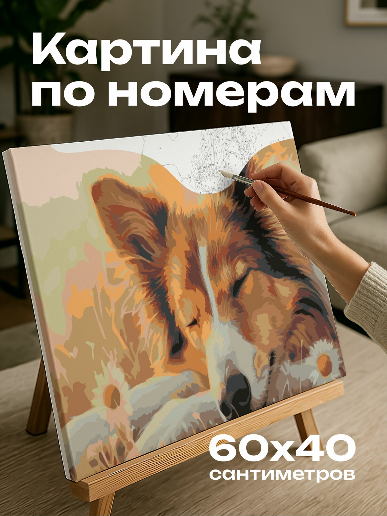 Картина по номерам 60x40 см, пастель, колли, летний закат, нежные мазки, теплые краски, ностальгия, привязанность