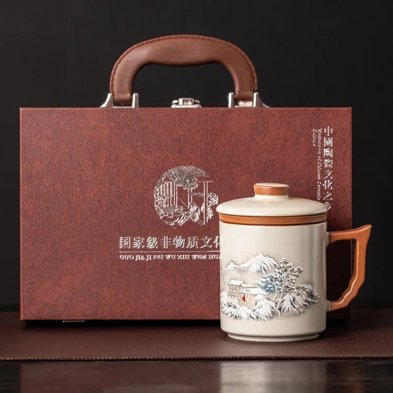 Подарочная чайная чашка Жу Яо — дизайн «Далёкие горы», матовая, с крышкой, для медитации, коллекционный предмет