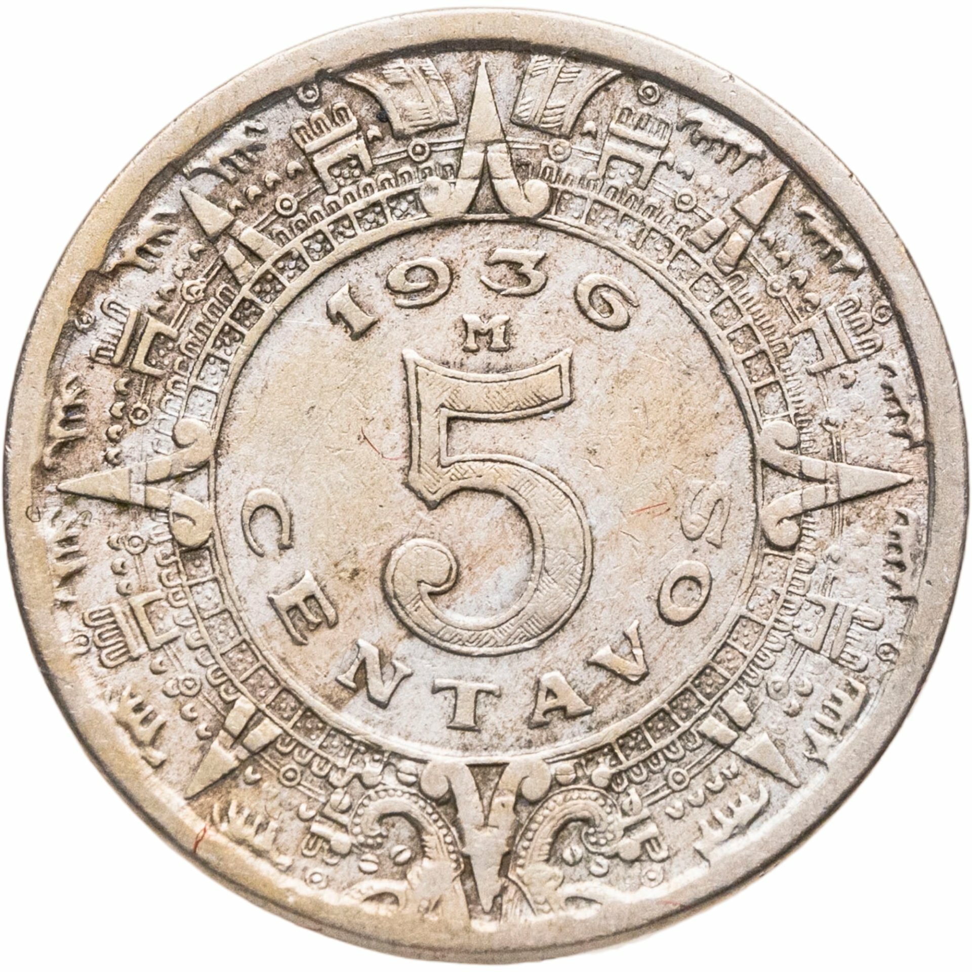 Мексика 5 сентаво centavos 1936, Мельхиор медь-никель, в сохранности VF