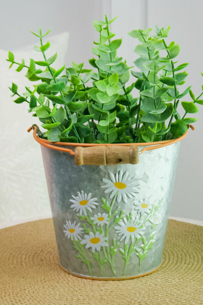 Металлическое кашпо ведерко С ромашками среднее, металл, 14 см, Boltze 2031323/9715834