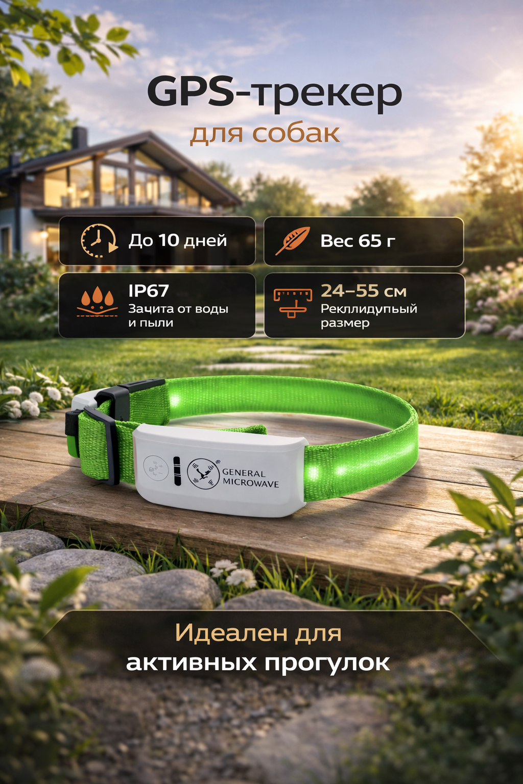 GPS/GSM трекер для собак и кошек 909 с LED-ошейником 24–55 см, до 10 дней работы, IP67, 65 г, морозостойкий