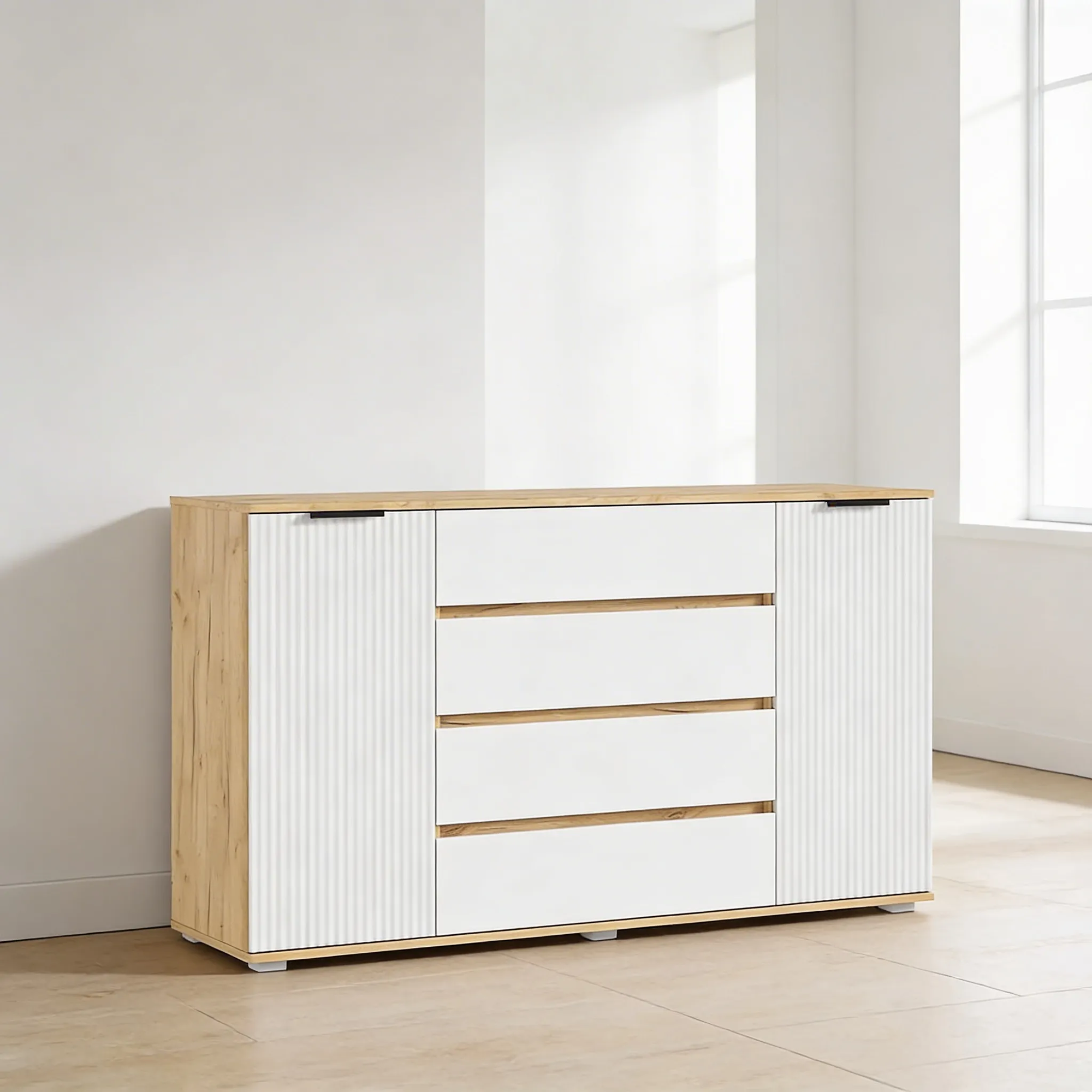 Комод Марвел Эталон, 2 двери, 4 ящика, ЛДСП/МДФ, 1600x900х450 мм, цвет Браш Вайт/ Дуб Крафт