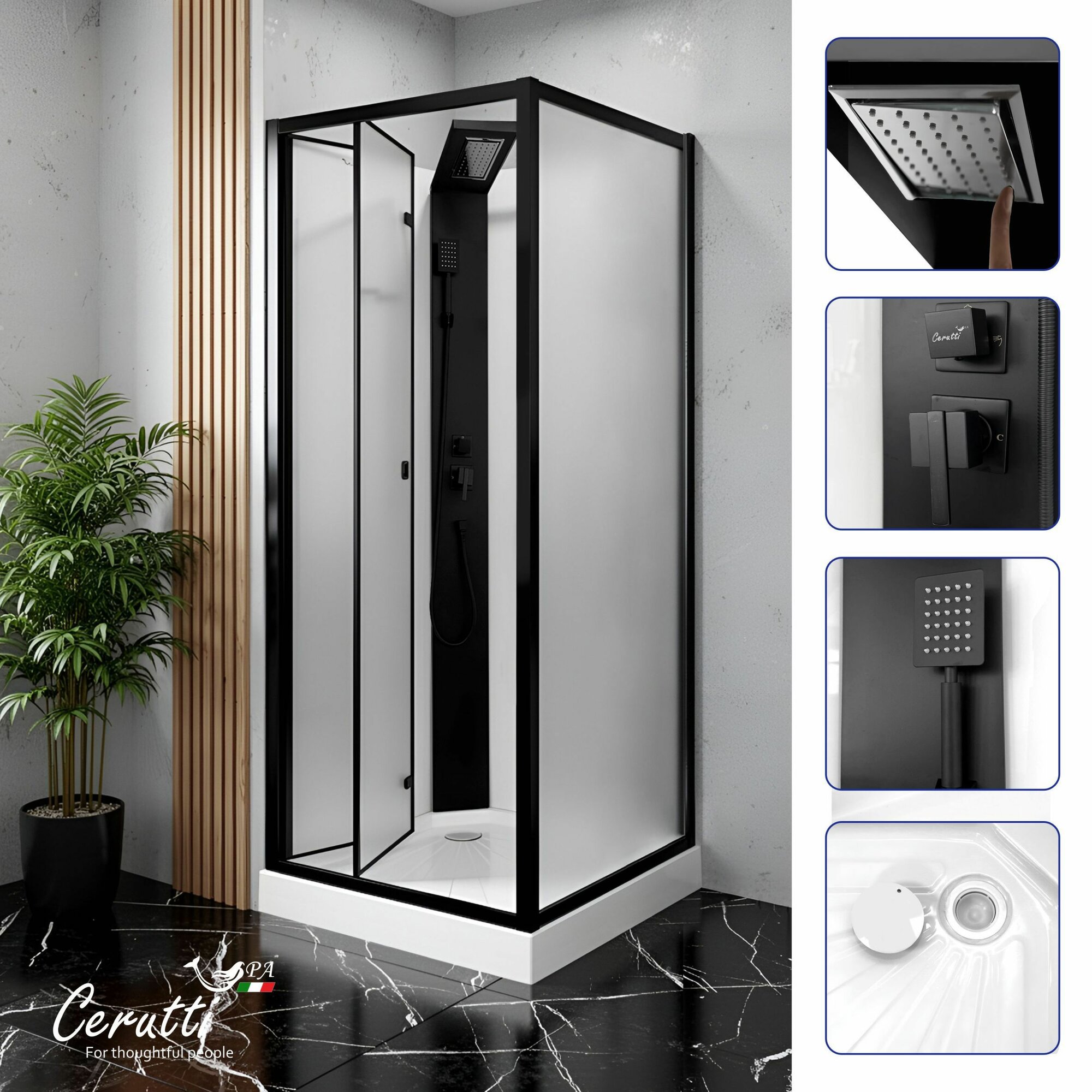 Душевая кабина Ceruttispa BELLA90BF (90x90x215-225), с низким поддоном, профиль черный, стекло матовое