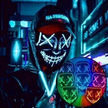 Синяя светящаяся неоновая маска Ночной ужас Анонимуса, Гая Фокса (3 режима свечения, цвет синий)