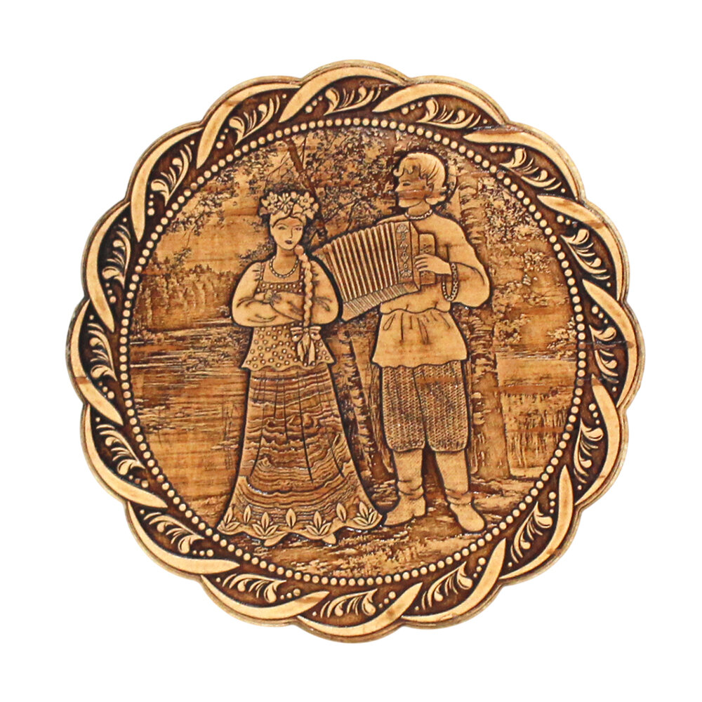 Зеркало круглое из бересты "Иван да Марья", (Ручная работа).