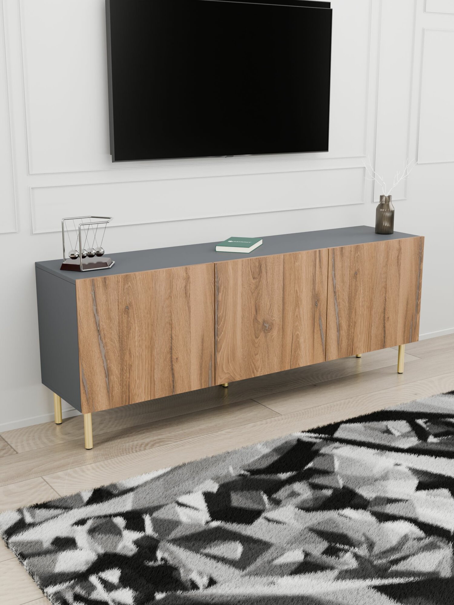 Изумлит Тумба под телевизор Вертикаль Лайт на ножках 150х58.7х36 см, графит-дуб крафт табачный