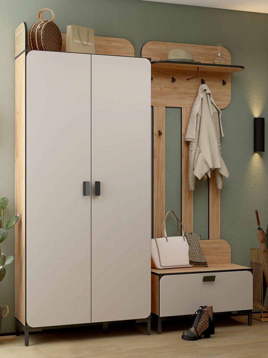 Прихожая комплект Жаклин Прайм со шкафом, с обувницей, с вешалкой, со штангой, 170.1х38.2х220.1 см, Дуб Крафт золотой / Кашемир серый