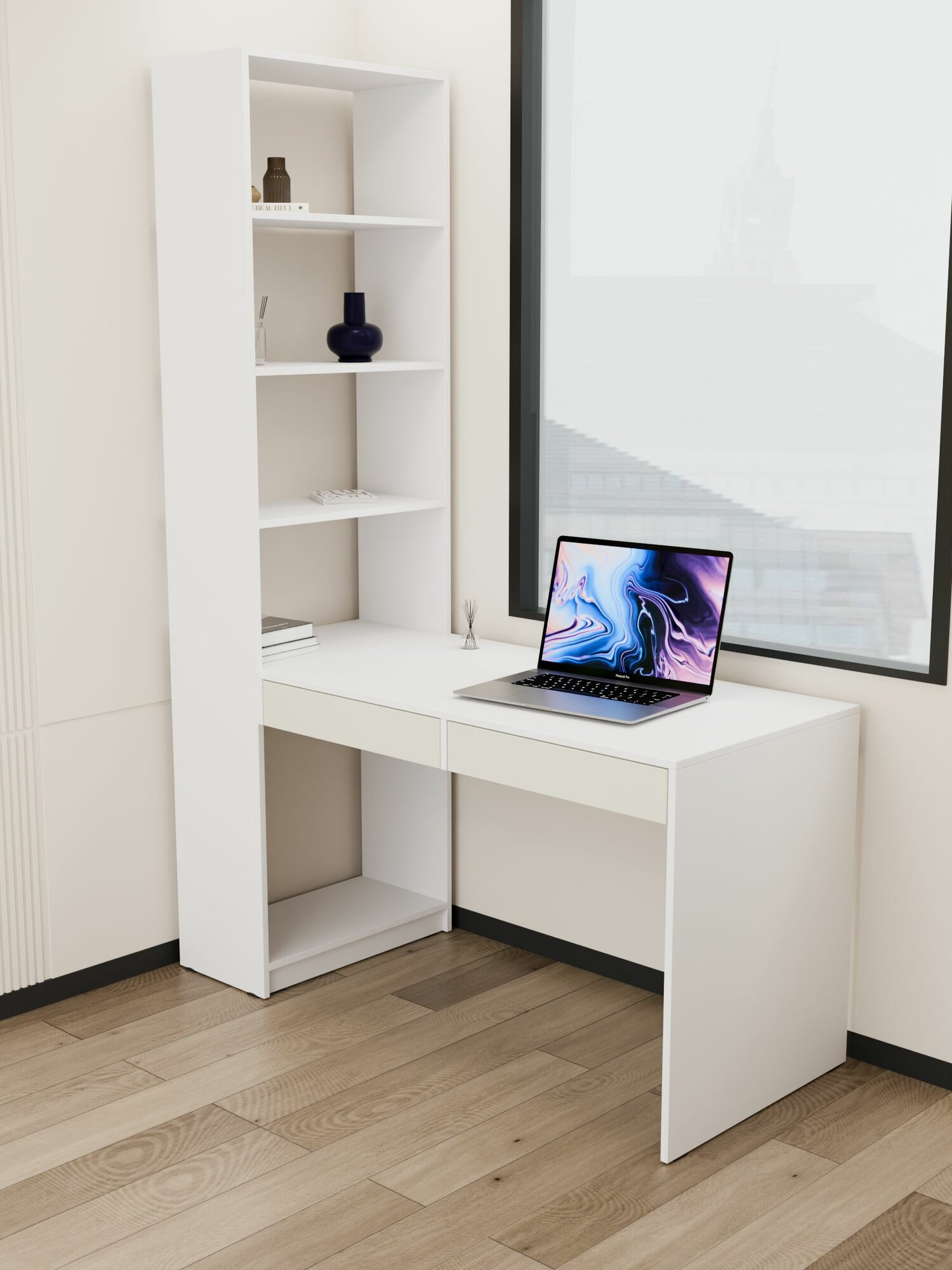 Изумлит Стол-стеллаж письменный угловой для учебы и работы Джокер, стеллаж слева 200х59.2х140 см, белый-бежевый