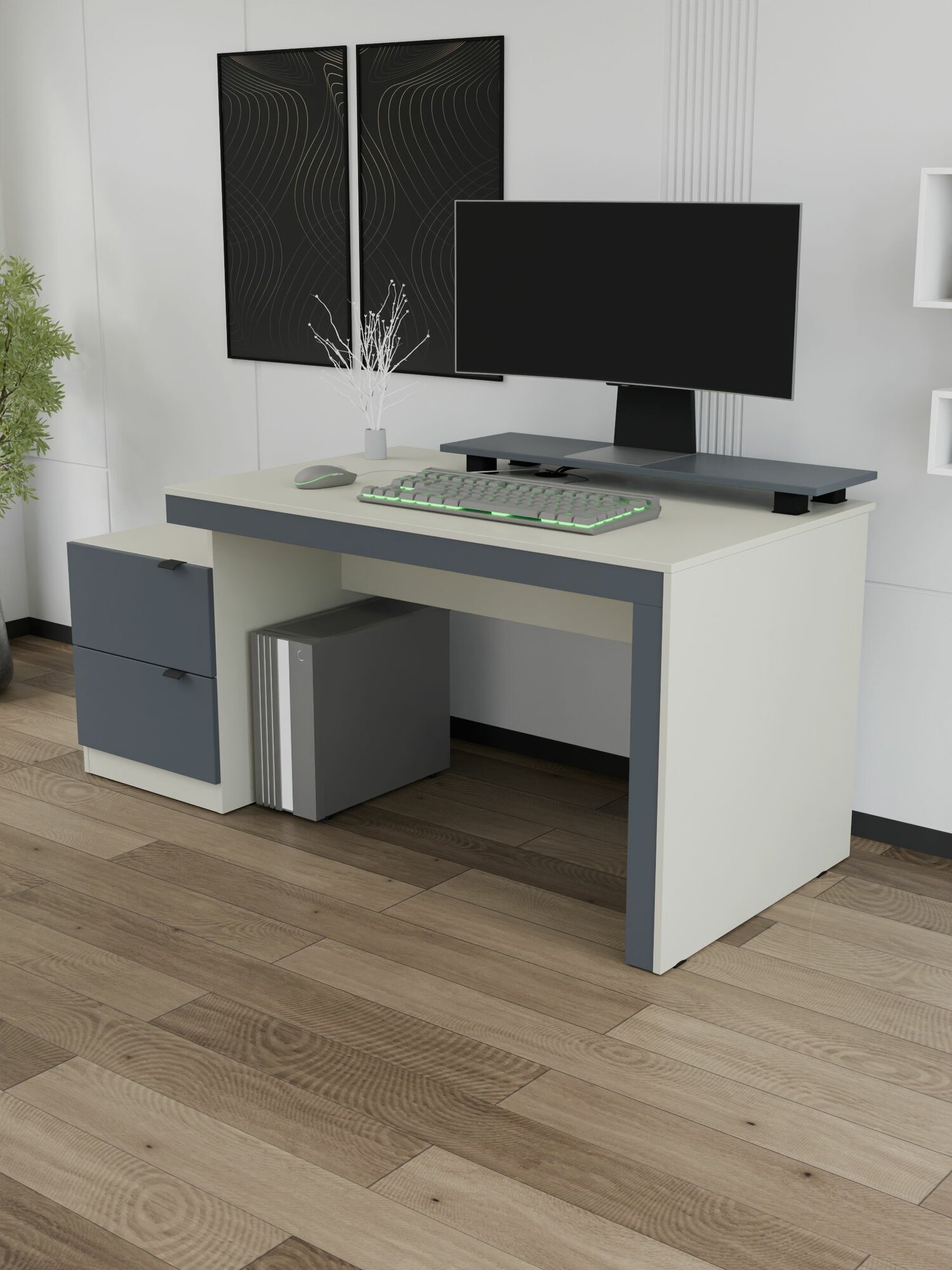 Изумлит Стол компьютерный для офиса и дома Вертикаль Компакт Лайт 165х73х74.5 см, тумба слева, бежевый-графит