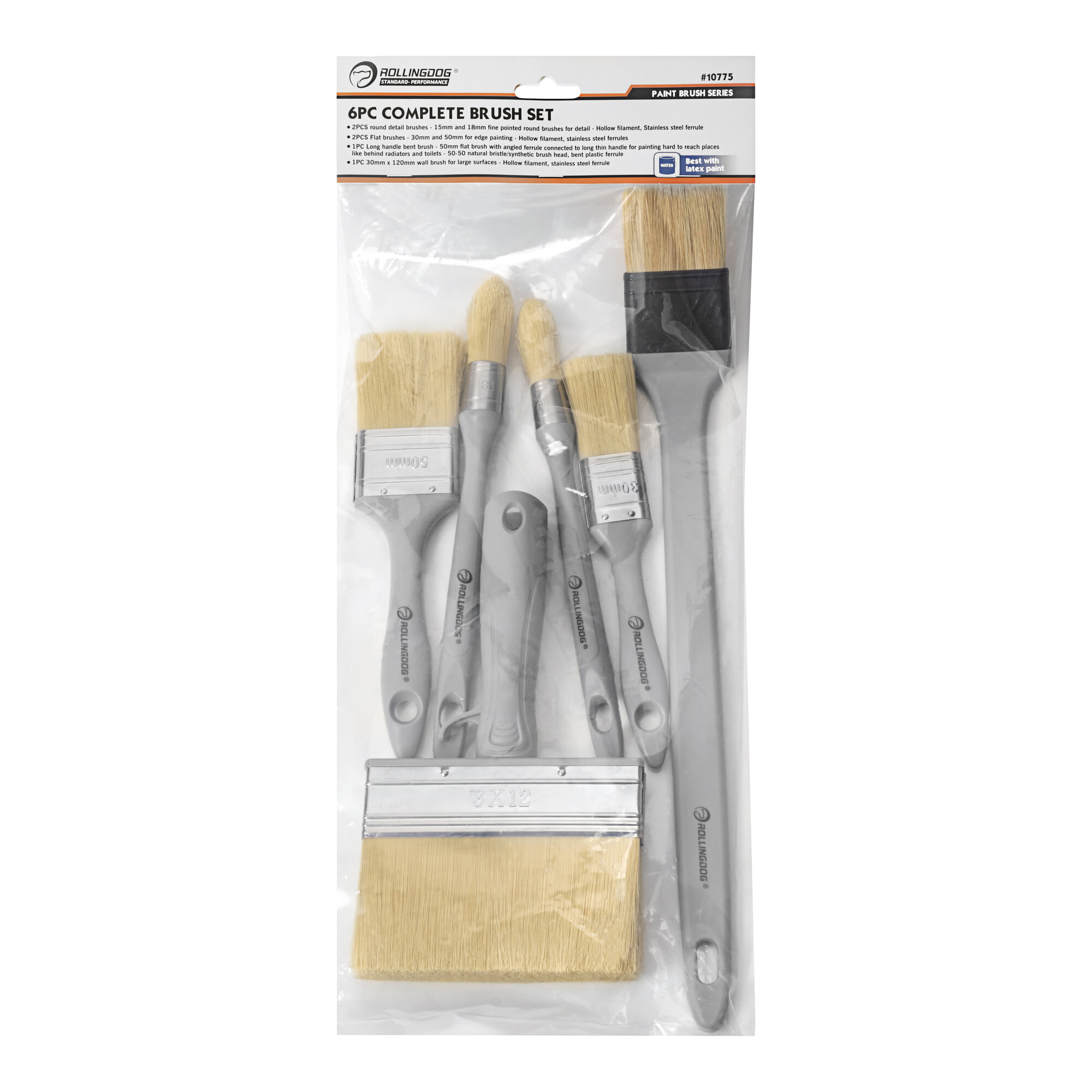 Набор кистей ROLLINGDOG L100 15/18/30/50/50/30*120 ММ, синтетика, серия STANDARD, арт.10775