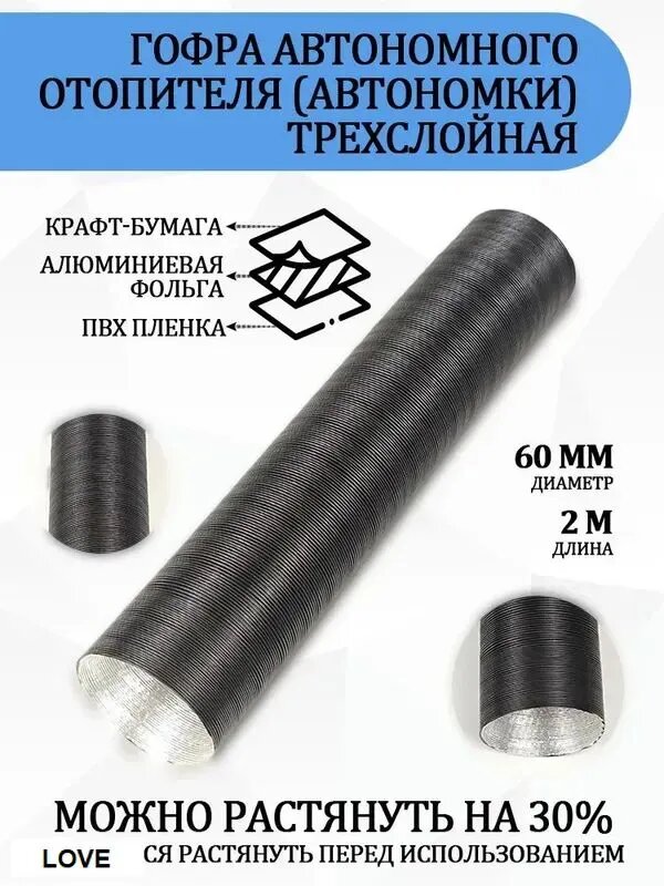 Гофра для автономного отопителя 60 мм 2 м. Трехслойная конструкция для автономки