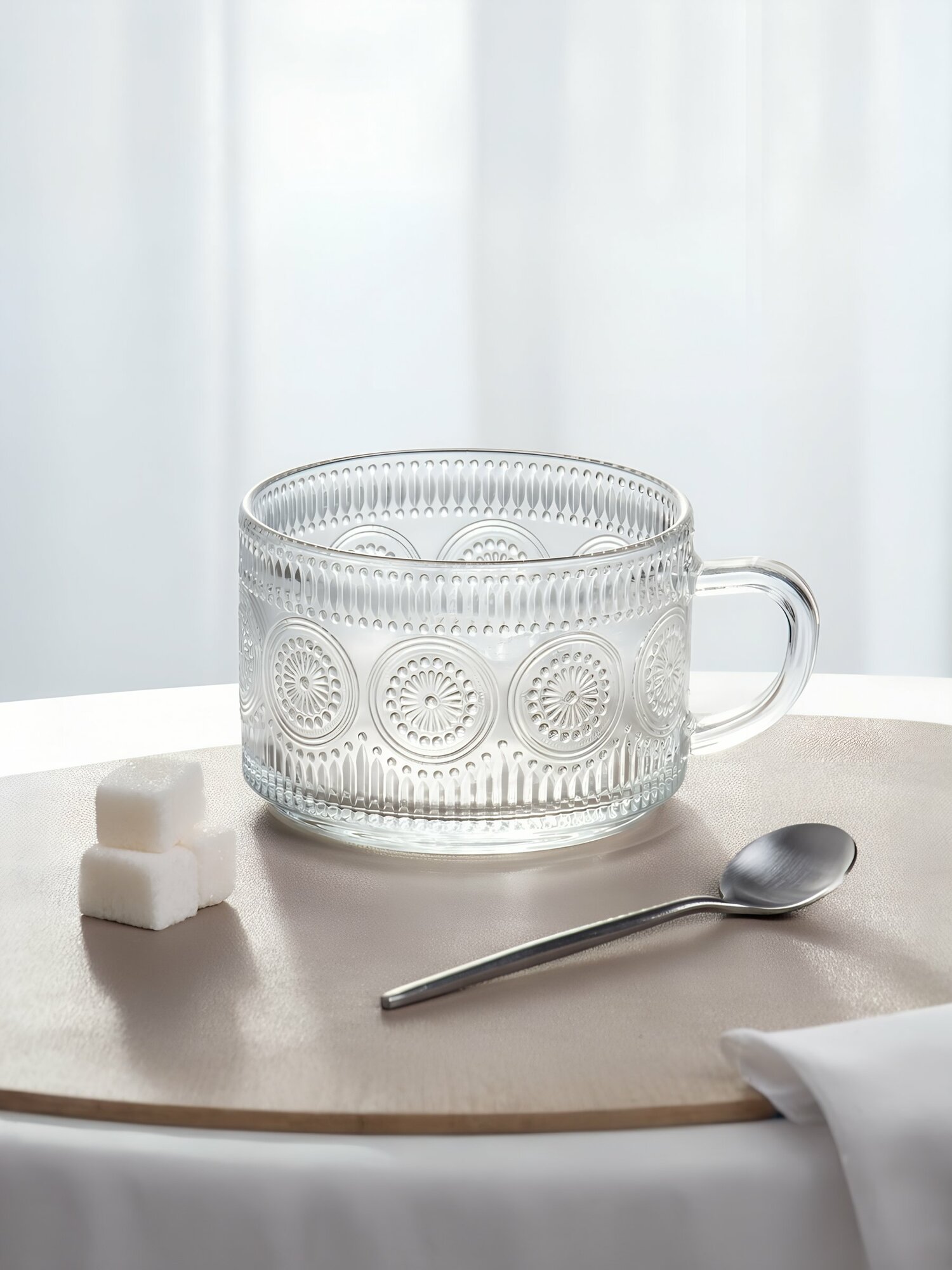 Стеклянная кружка Барокко 400 мл с рельефным узором, прозрачная чашка для чая и кофе, подходит для СВЧ и ПММ