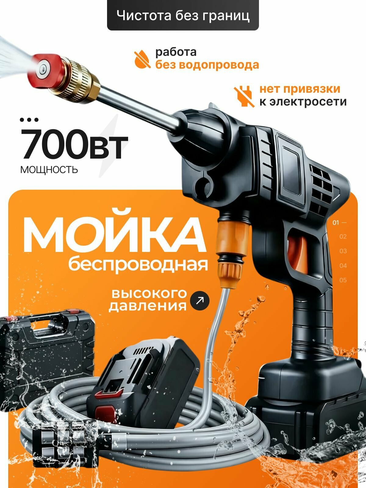 Мойка высокого давления аккумуляторная для автомобиля, Автомойка, в кейсе 2 аккумулятора, 3 насадки