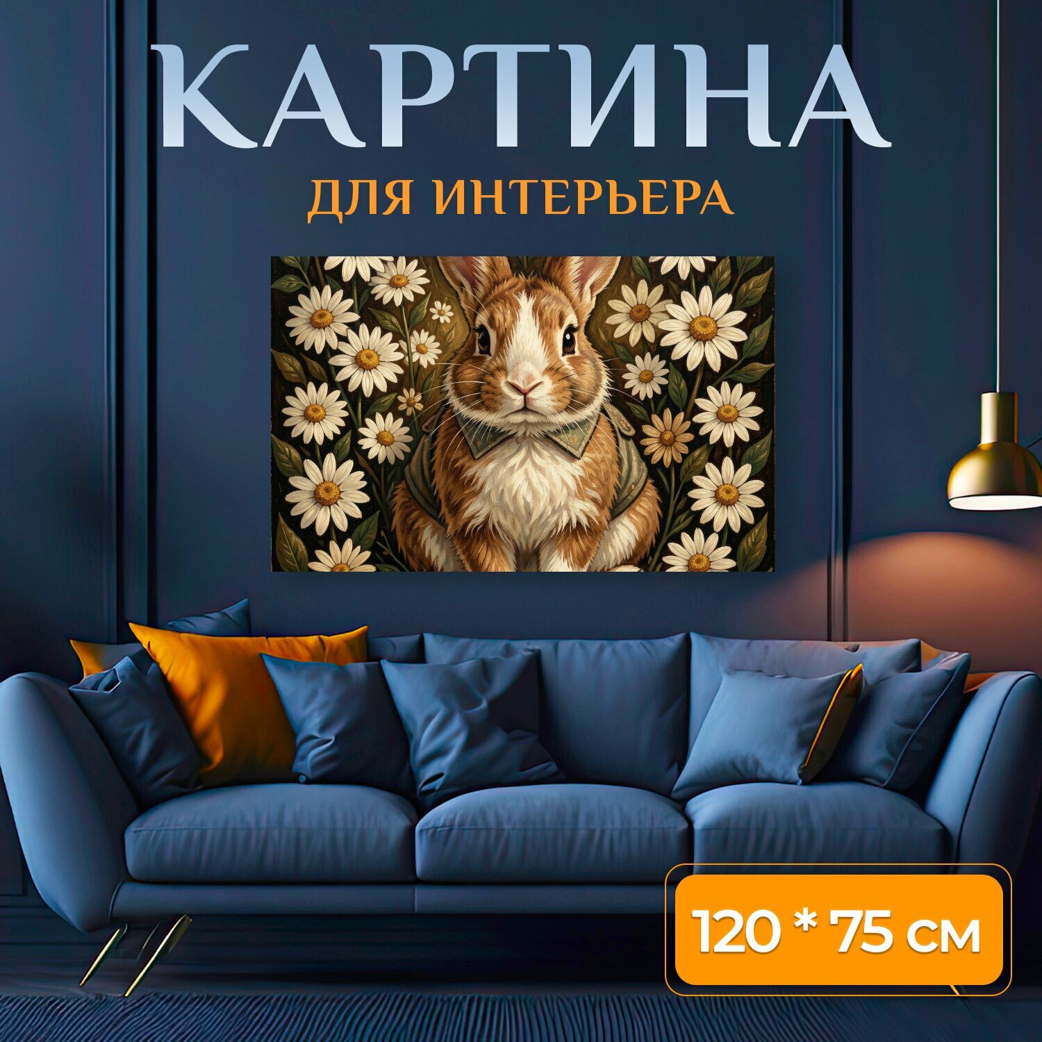 Картина на холсте "Кролик среди ромашек. Милый зайчик в центре цветочного поля с белыми ромашками и зелёными листьями, тёплая ручная живопись." на подрамнике 120х75 см. для интерьера