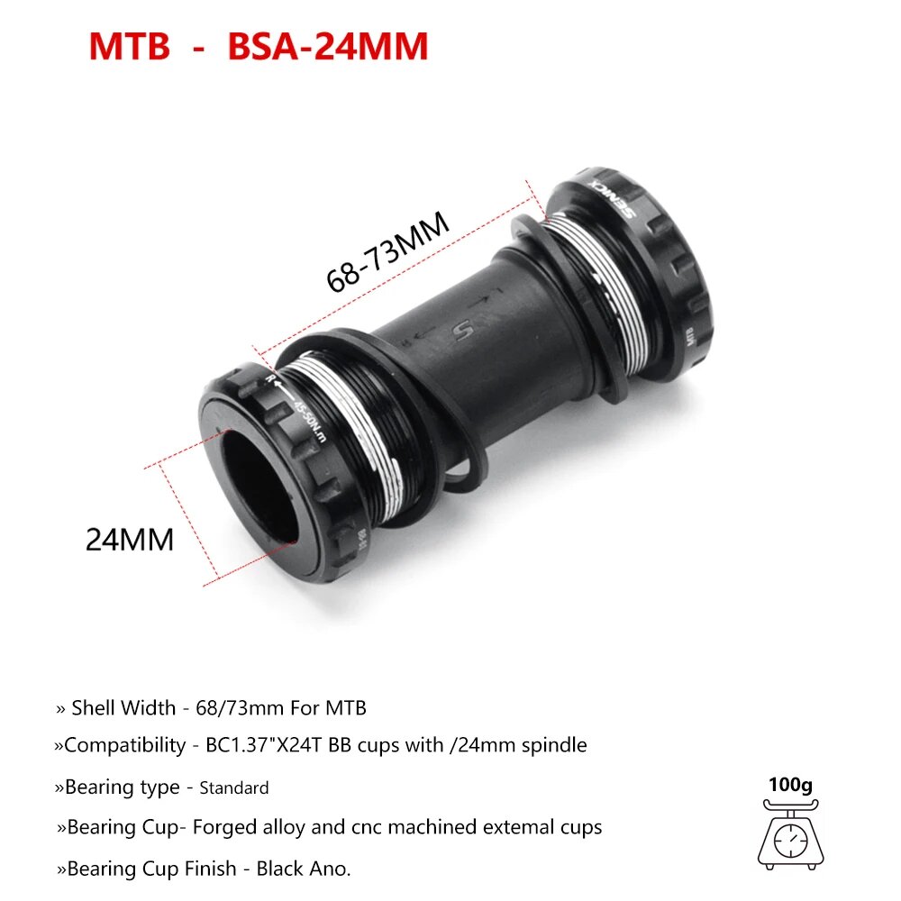 Каретка SENICX MTB BSA 24 мм, 68/73 мм, черный
