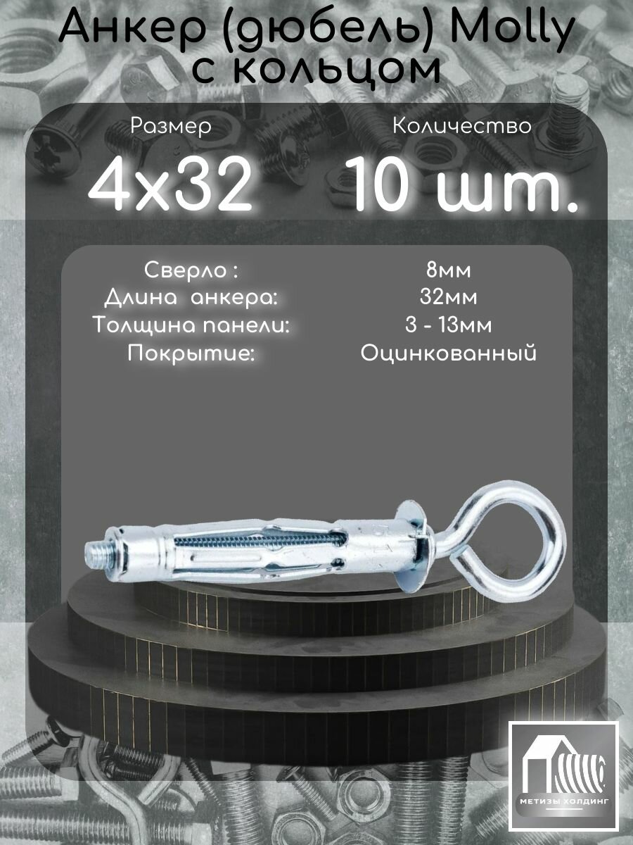 Анкер Молли 4х32 (Дюбель) кольцо для гипсокартона и листовых материалов, 10 шт.