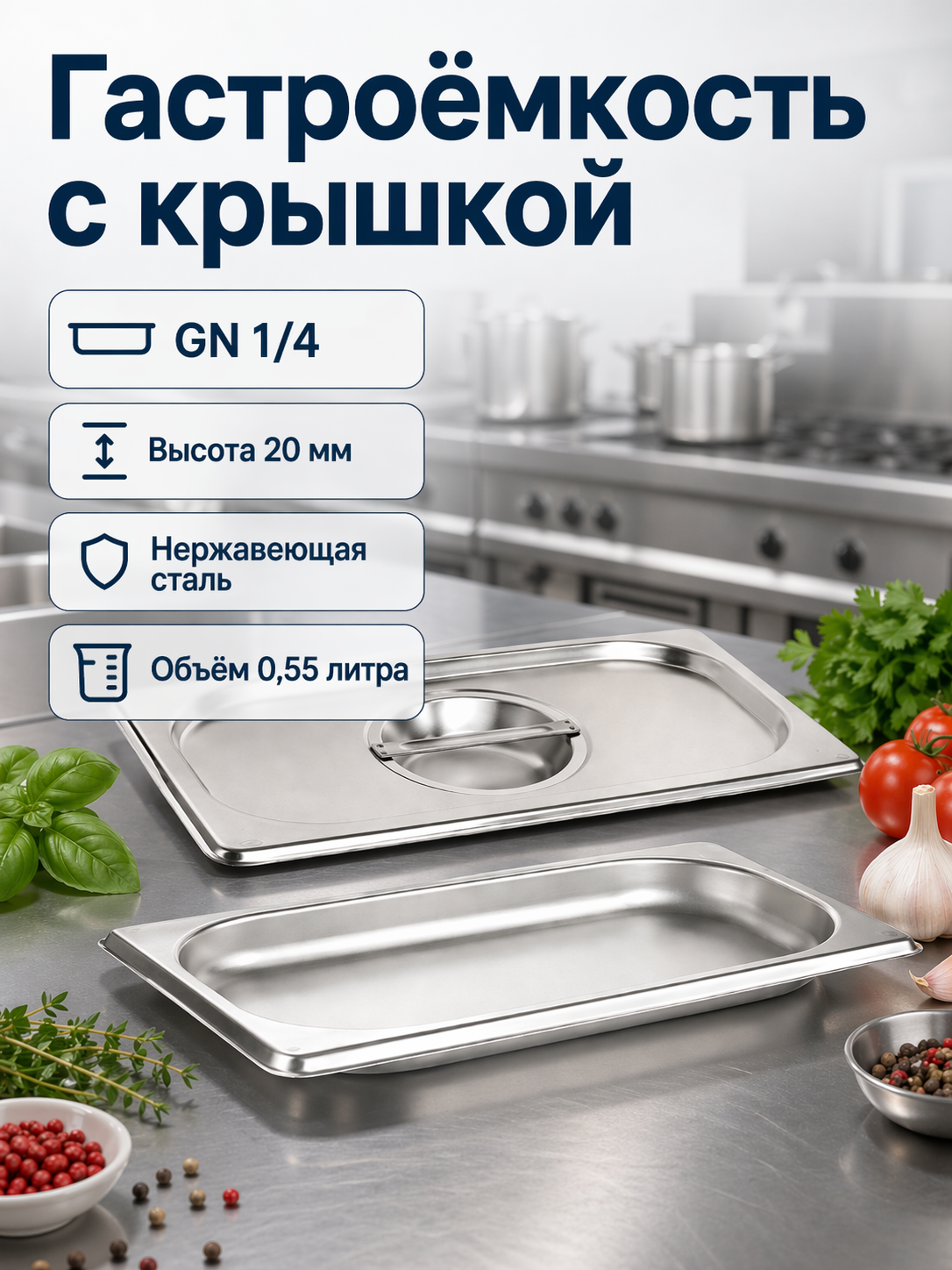 Гастроемкость GN 1/4-20 мм с крышкой, нержавеющая сталь