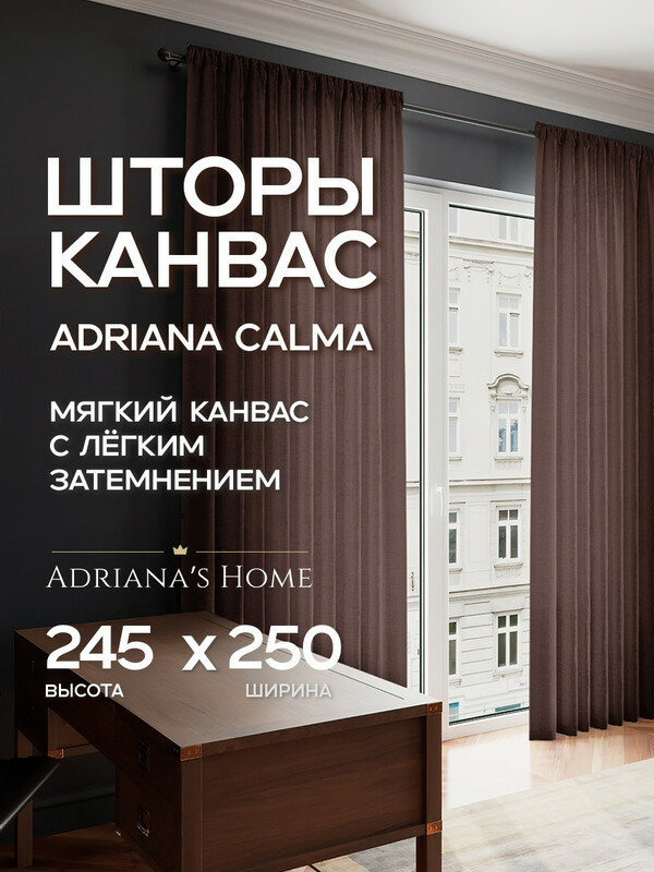 Шторы Adriana Calma, канвас, горький шоколад, комплект из 2 штор, высота 245 см, ширина 250 см, лента