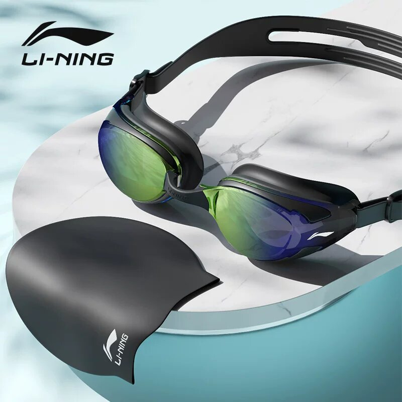 Li-Ning Анти-туман Электропокрытие Черный Плавательные Очки и Шапочка Комплект
