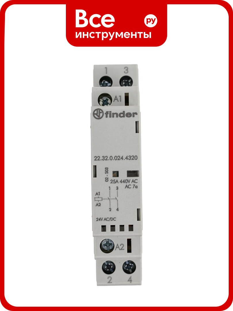 Модульный контактор Finder 2 NO, Механический индикатор + Светодиод Контакты