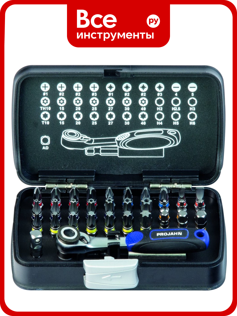 Набор бит с трещоткой PROJAHN 4095 1/4 COLOR 33 пр, в кейсе 4095, компактный