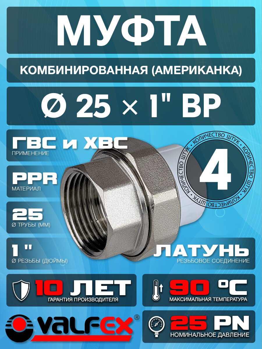 Муфта комбинированная разъемная (американка) с внутренней резьбой 25x1" (4 шт)